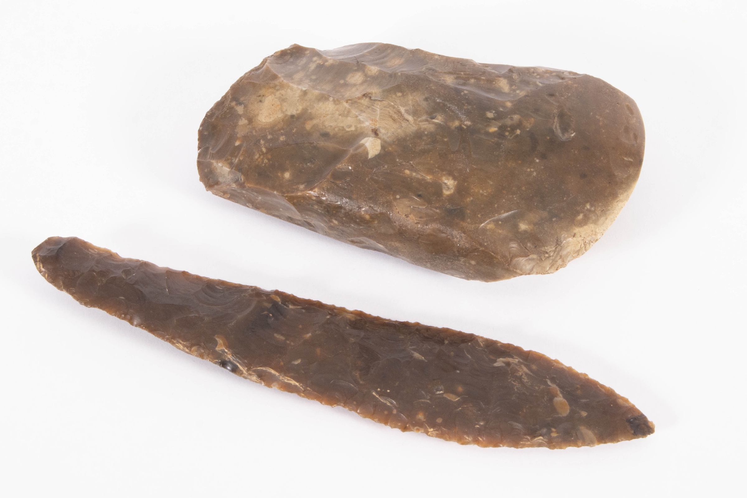 Danish Stone Age. Lancet-shaped flint dagger and sharpened axe (2 ...