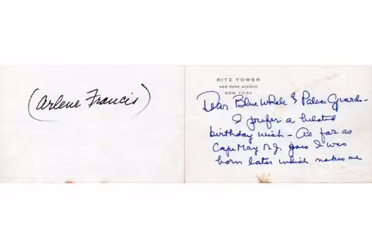 Arlene Francis signed hand written note from Ritz Tower, Park Avenue ...