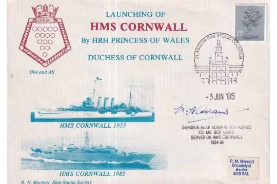 HMS Cornwall Launching of HMS Cornwall Signed by Rear Ad M H Adams ...