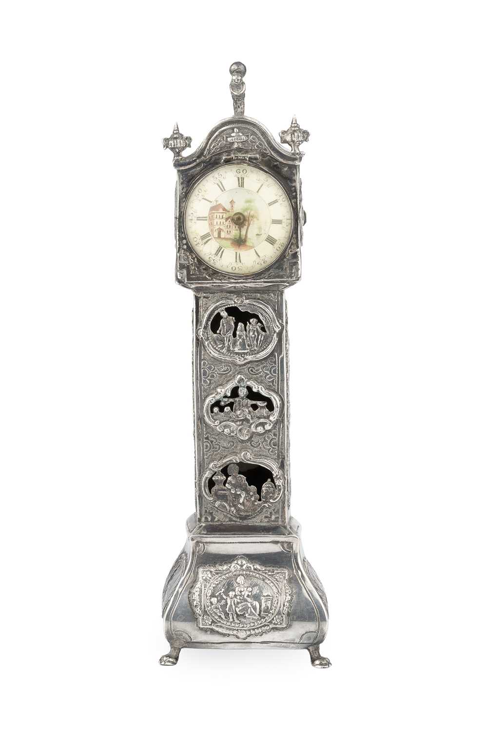 A late 19th century Dutch silver miniature longcase clock | Barnebys