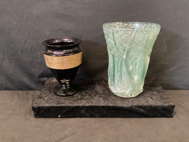 A Josef Inwald 10in pale green deco Dans La Forêt flared vase moulded ...