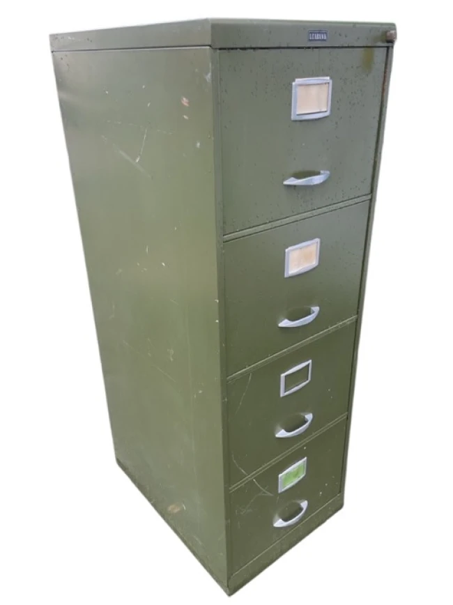 A Leabank four drawer filing cabinet with key, the drawers with label ...