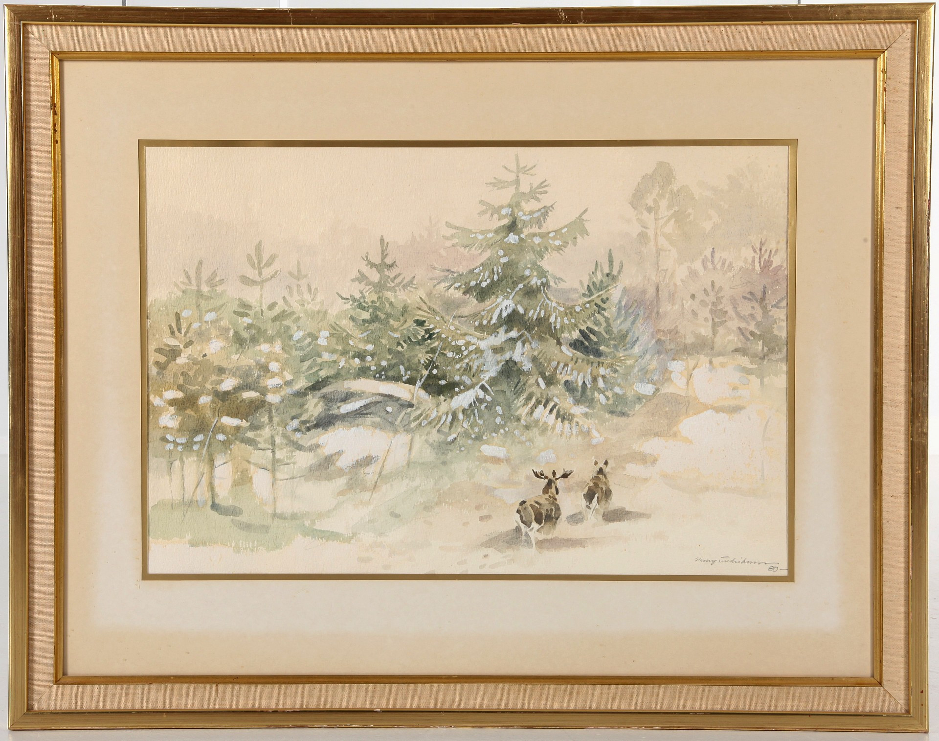 HENRY FREDRIKSSON. f. 1936. Akvarell, älgar i skog, signerad 1980 ...