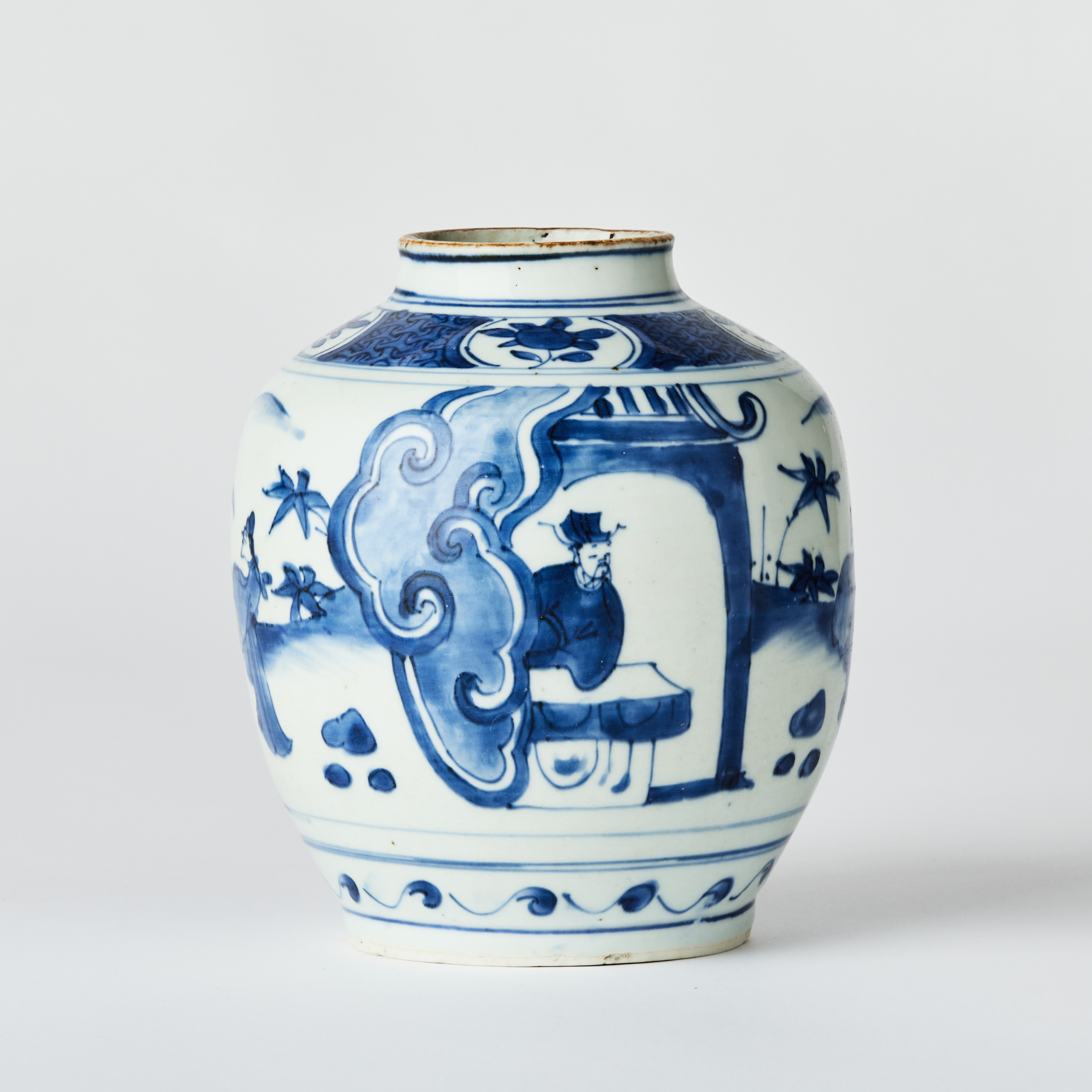 A Chinese Transitional Blue and White Porcelain 'Figural' Jar. | Barnebys