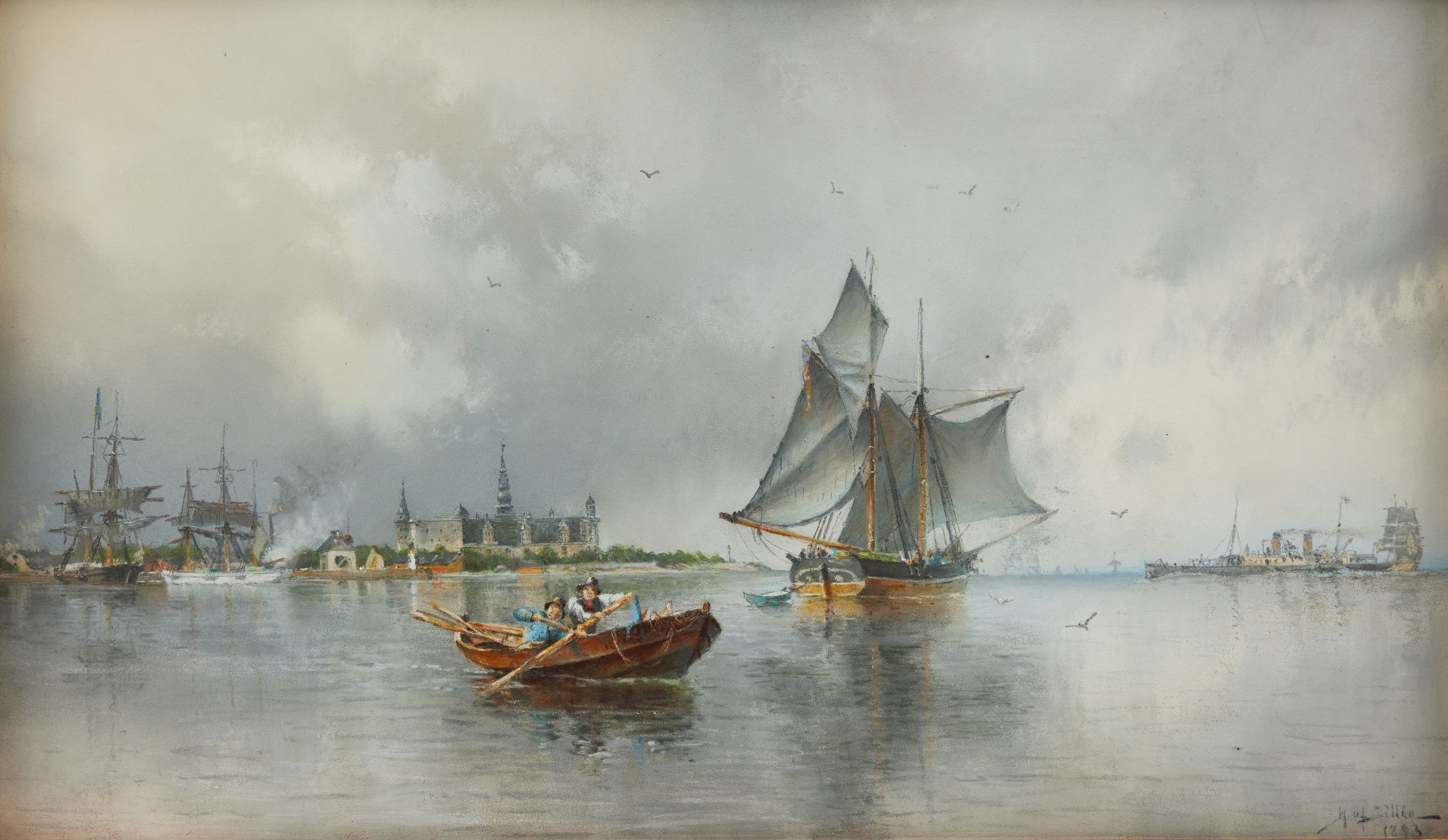 HERMAN AF SILLÉN (1857-1908). Fiskare utanför Kronborgs slott, Öresund ...