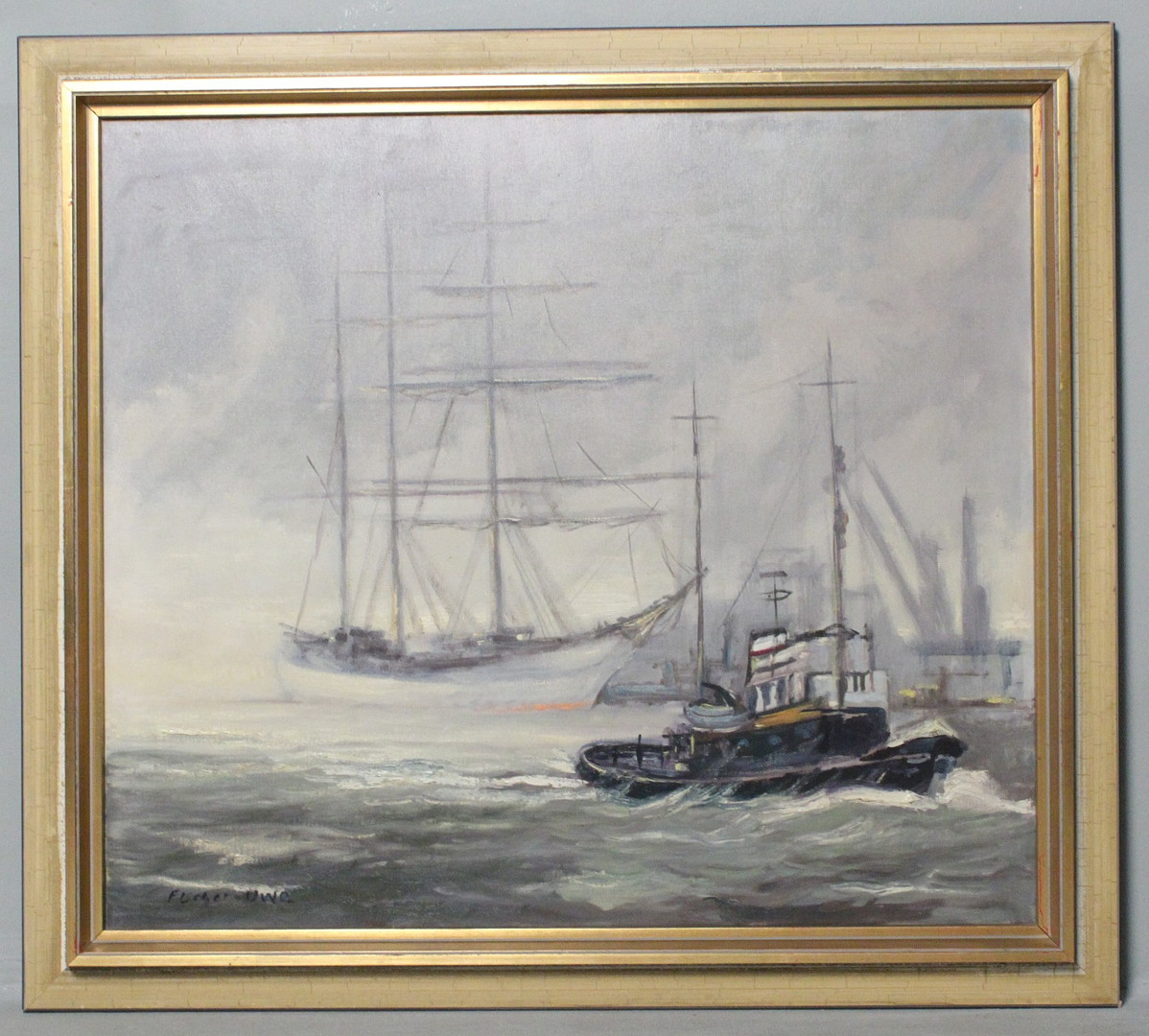 BRUNO FISCHER-UWE (1915-1992). 'Fischerboote im Hafen', Öl auf Leinwand ...