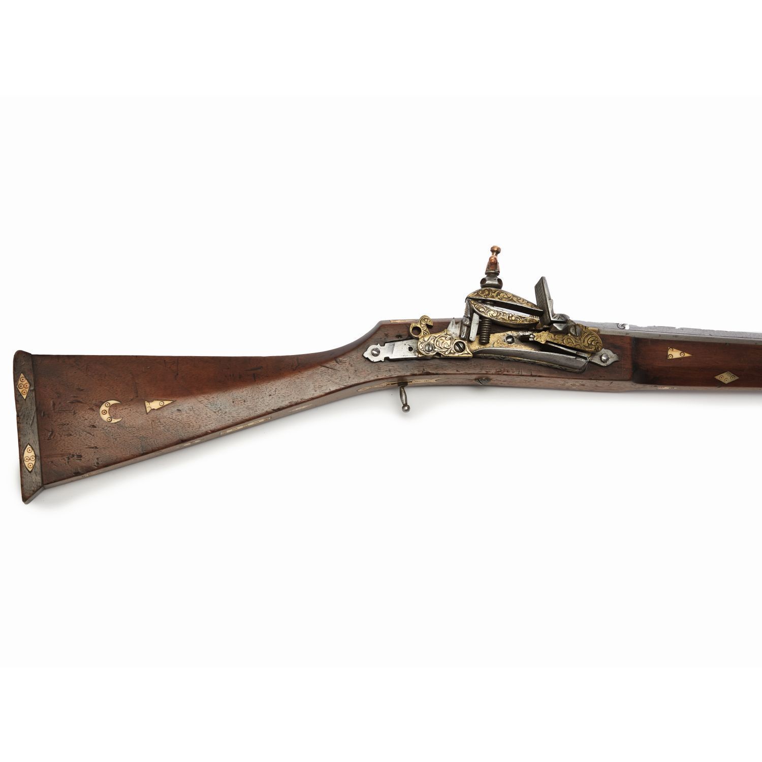 "MUKAHLA". MOROCCAN FLINTLOCK RIFLE with stock adorned with engraved ...