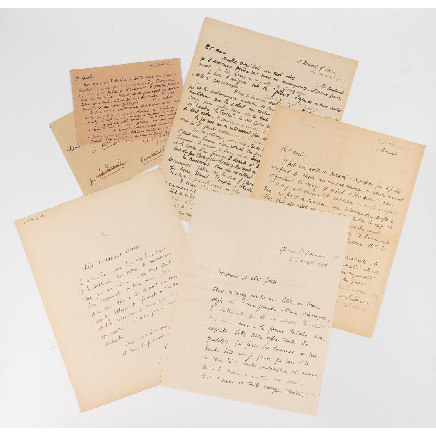 JACOB (Max). 5 L. A. S., 1936-1941. - 2.05.1936, 17 rue St Romain ...