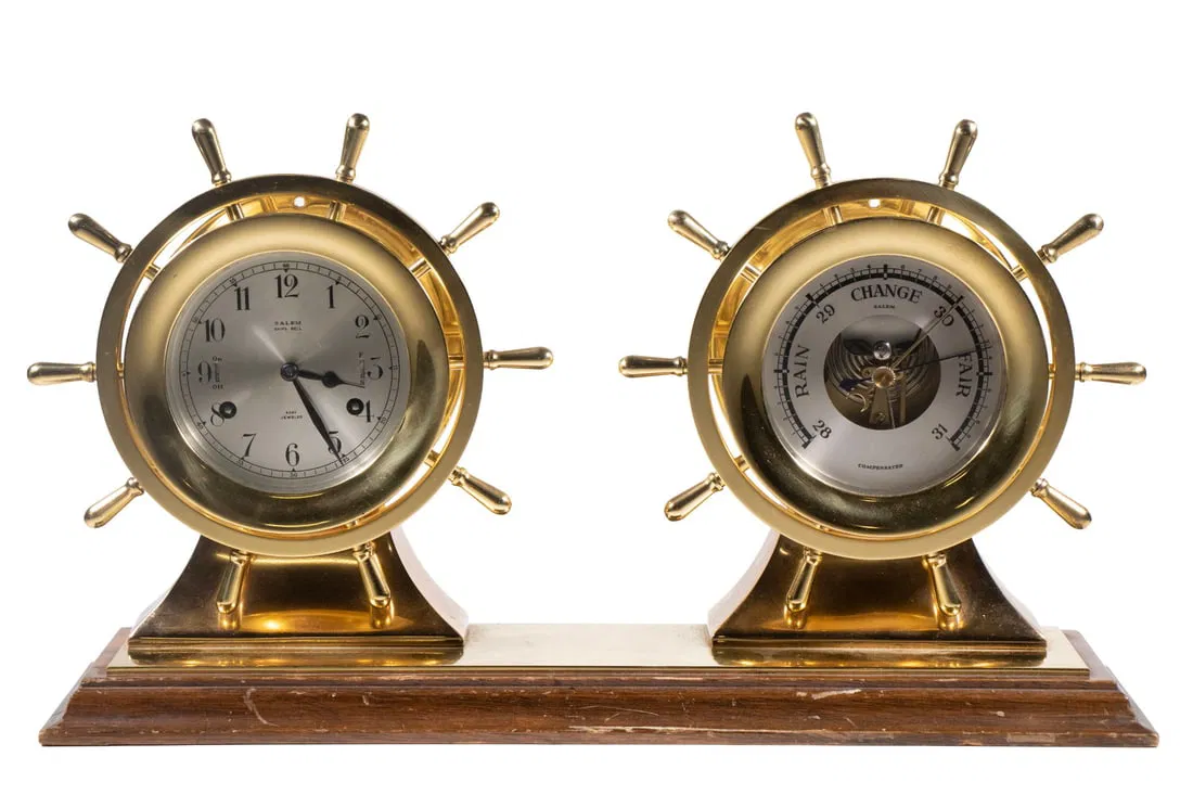 SALEM BRASS SHIP'S BELL CLOCK & BAROMETER DESK SET | Barnebys