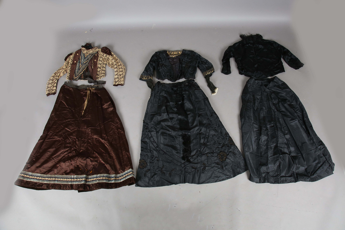 A collection of mainly Victorian clothing, including a brown silk ...