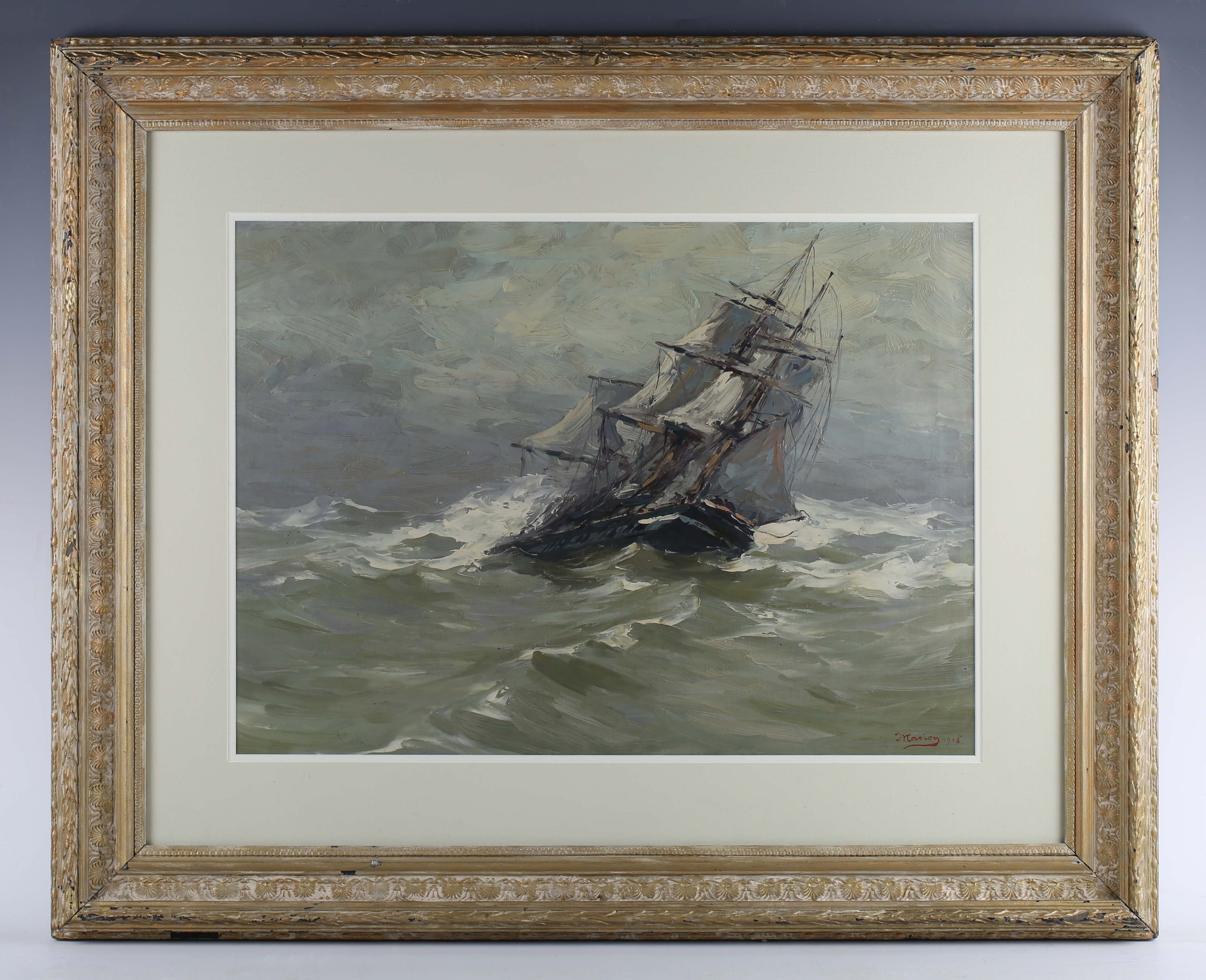 ** Marion? (20th century) - Masted ship in heavy seas, oil on canvas ...