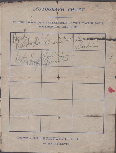 Hollywood USO Autograph Chart with Basil Rathbone and Others | Barnebys