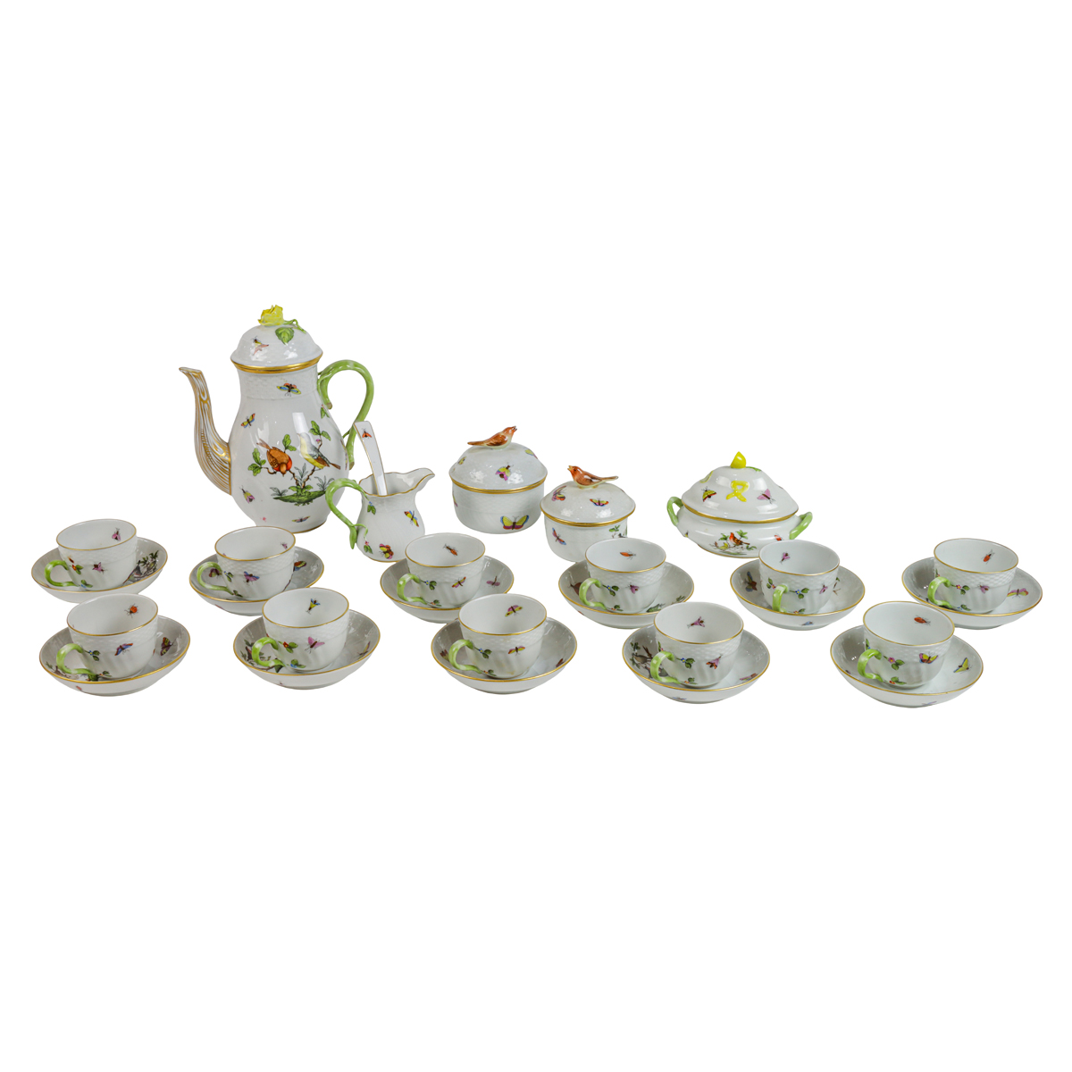 A Herend porcelain coffee set in the Rothschild Bird pattern | Barnebys