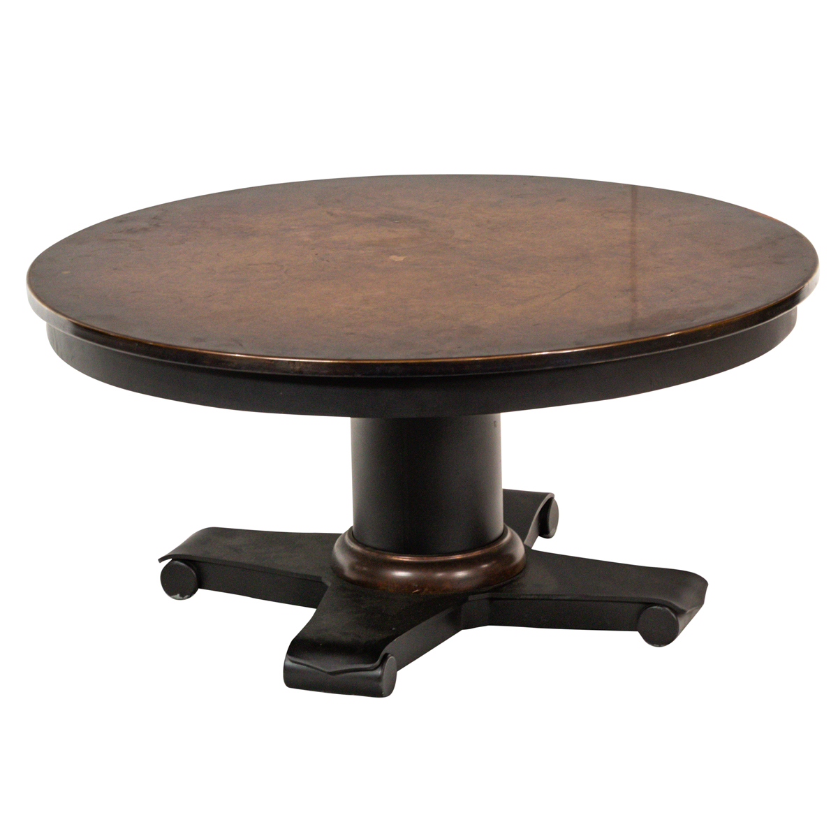 A Crate & Barrel patinated copper topped round coffee table | Barnebys