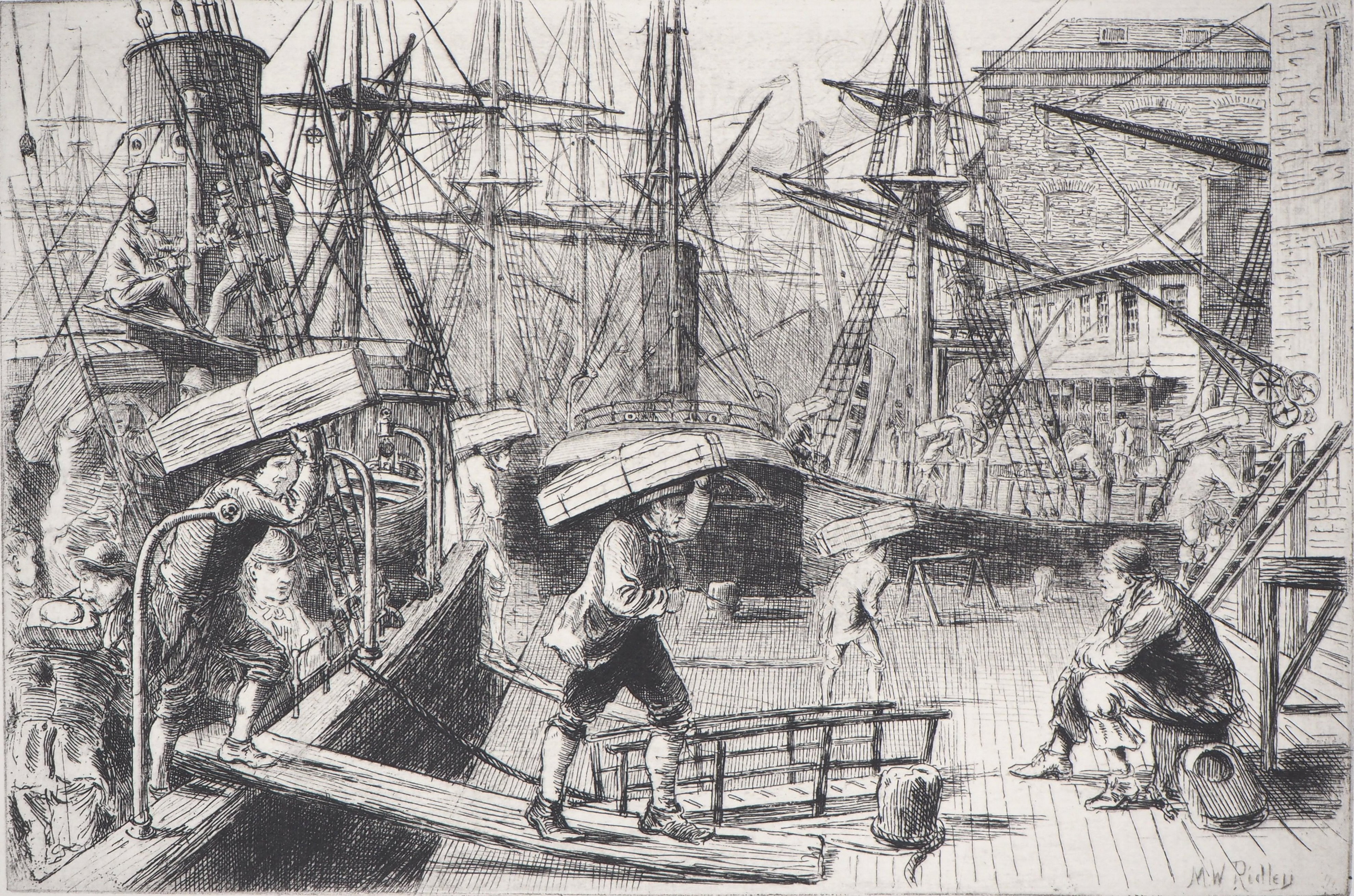 Matthew Withe RIDLEY : Le débarquement au port - Eau forte originale ...