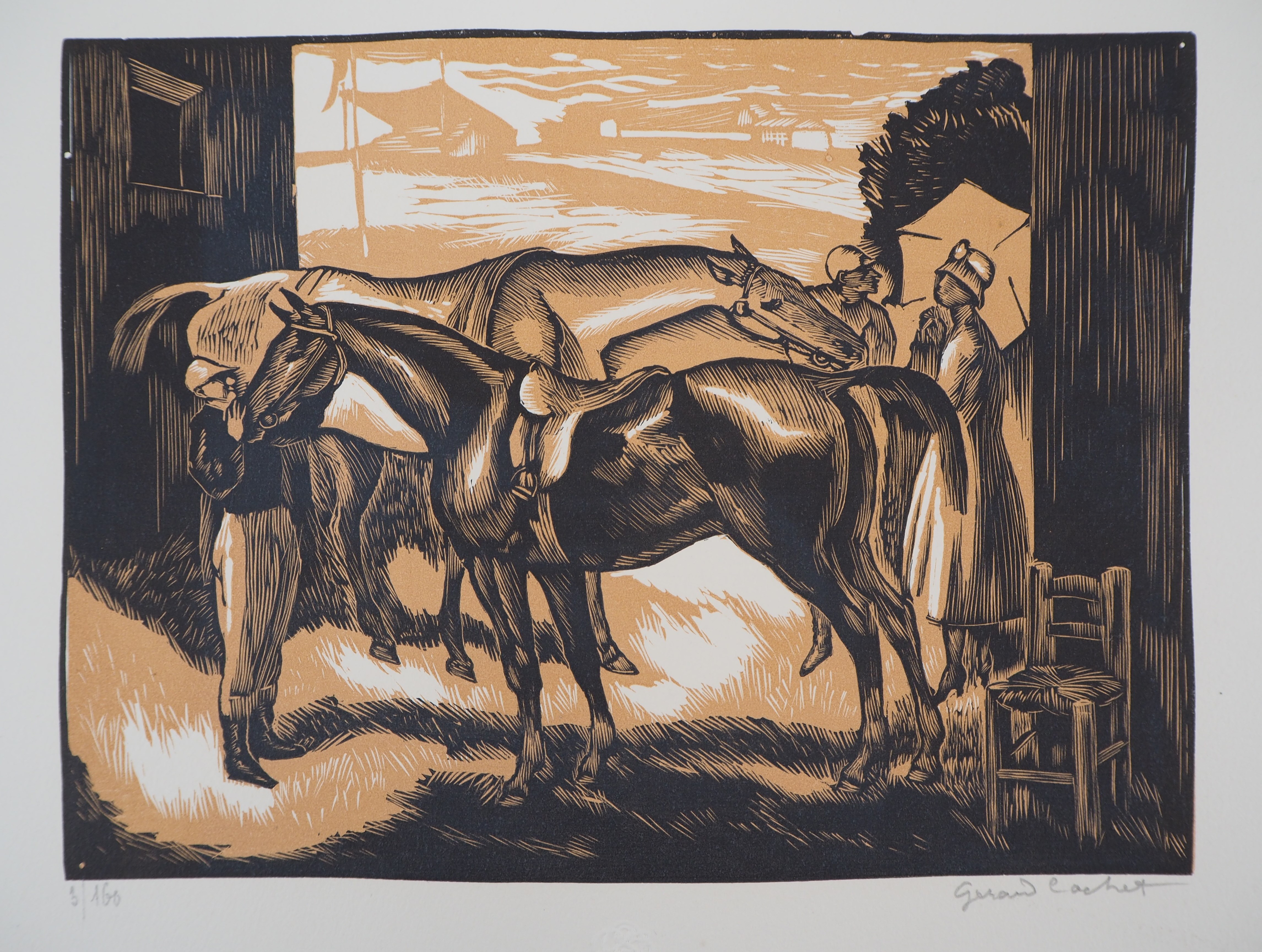 Gérard COCHET : Chevaux avant la course, 1926 - Bois gravé original ...