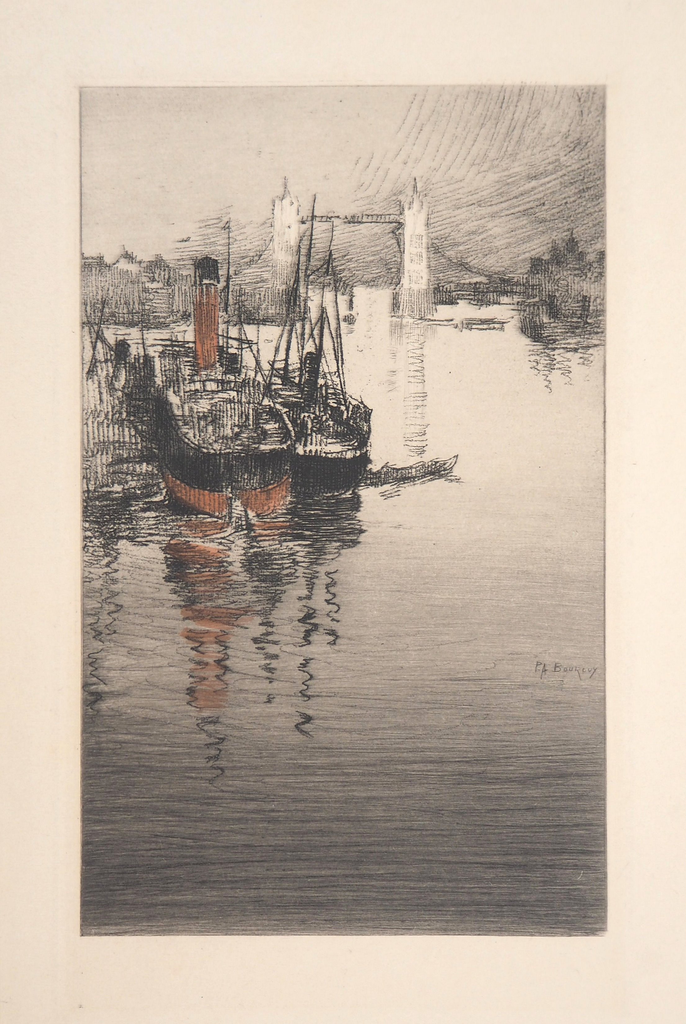 Paul Adrien BOUROUX: Tower Bridge à Londres, 1921 - Gravure originale ...