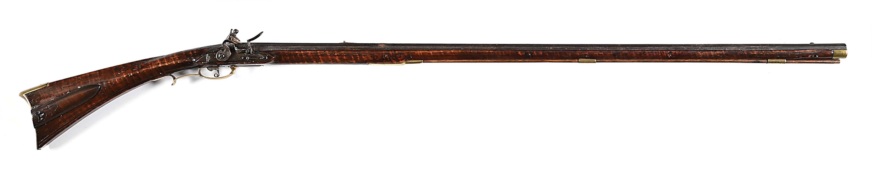 (A) EARLY LEHIGH FLINTLOCK KENTUCKY RIFLE WITH WOOD PATCHBOX. | Barnebys