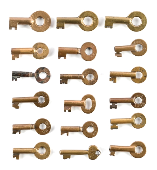 COLLECTION OF 18: ANTIQUE RAILROAD SWITCH KEYS OWNED BY F.C. ANDERSON ...