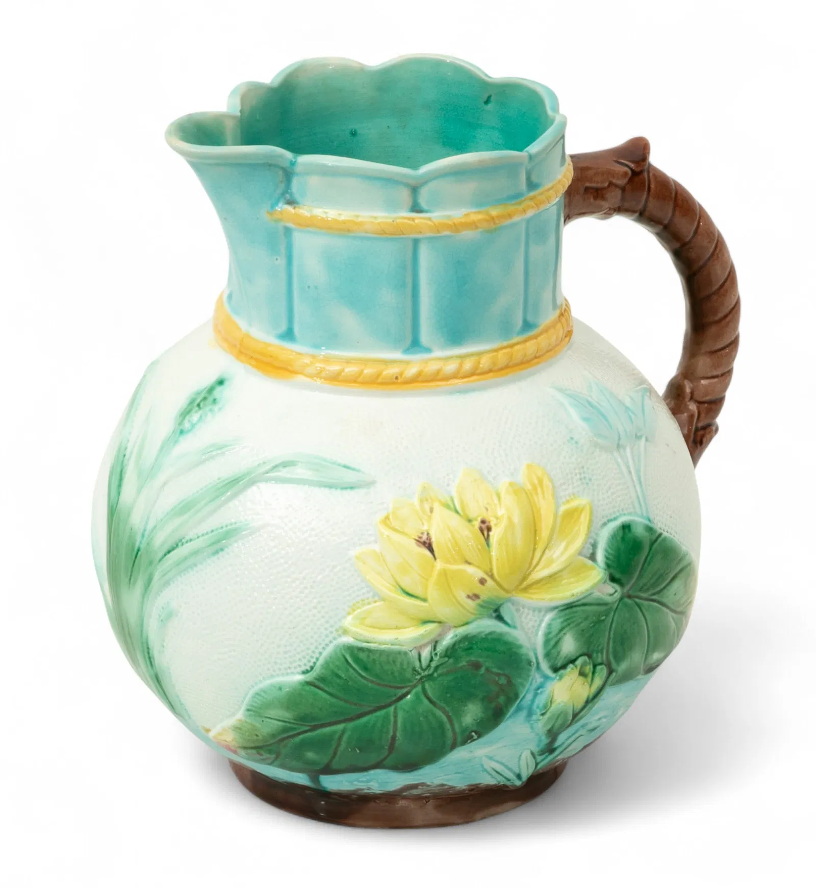 English Majolica Water Lily Pitcher in the Manner of Samuel Lear H 8" W ...