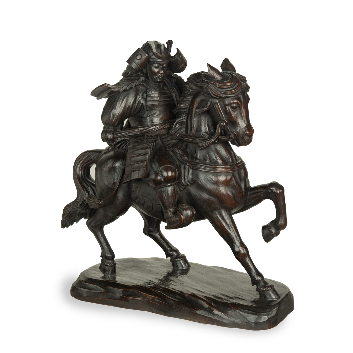 A powerful Japanese equestrian wood carving of a samurai by Yoshida ...