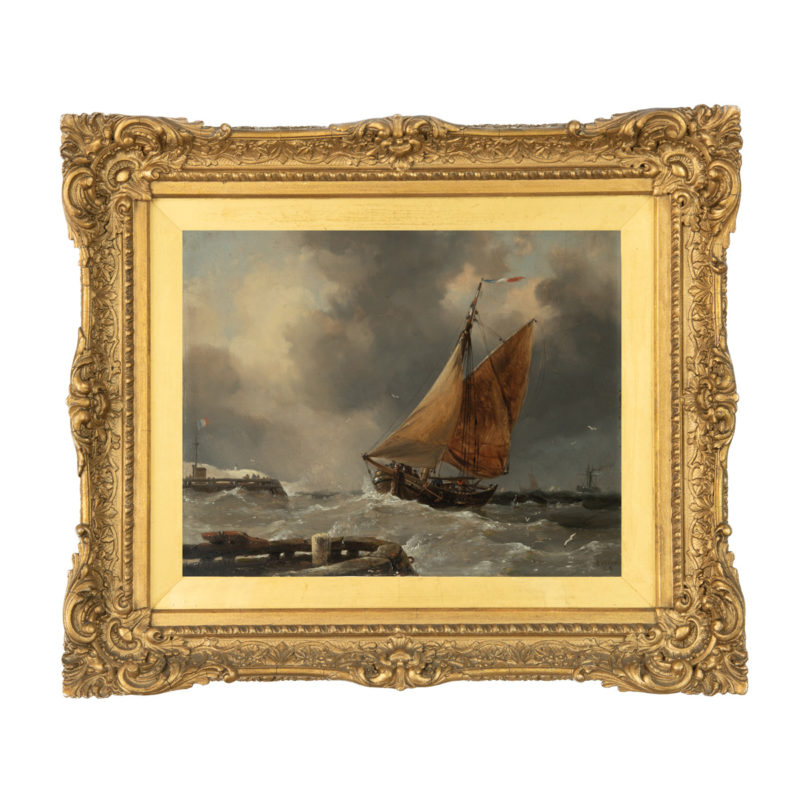 A small oil painting of a fishing boat leaving Calais Harbour by E ...