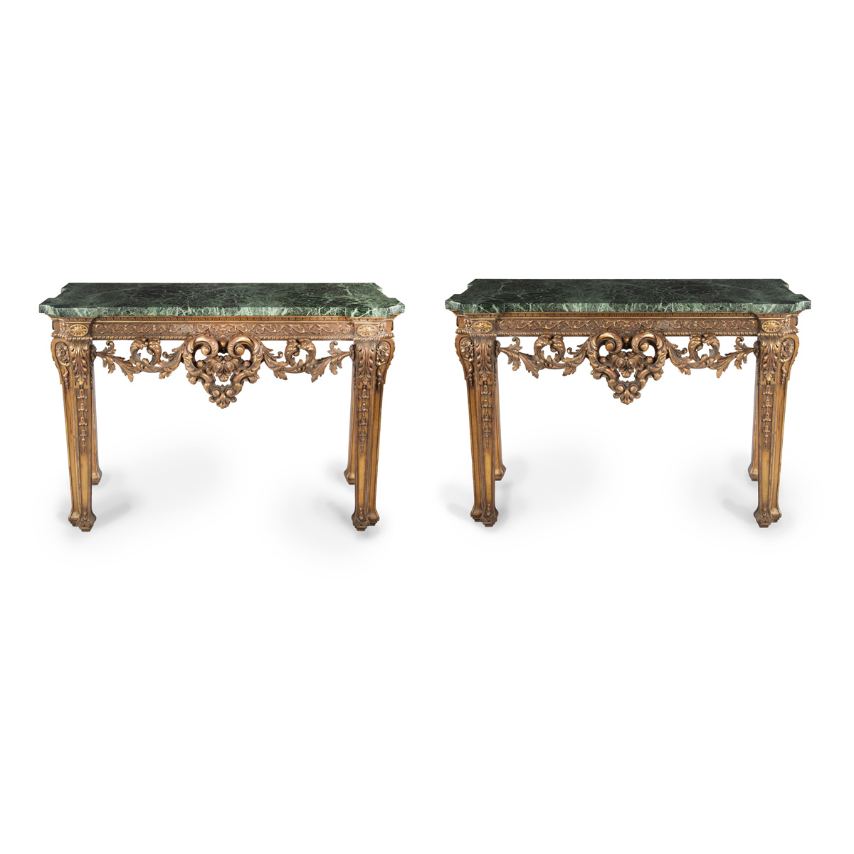 A pair of late Victorian marble and giltwood console tables in the ...
