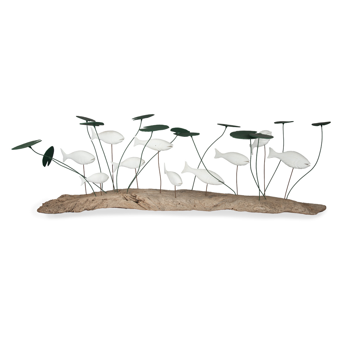 A wood and metal sculpture of a shoal of fish amongst lily pads by ...