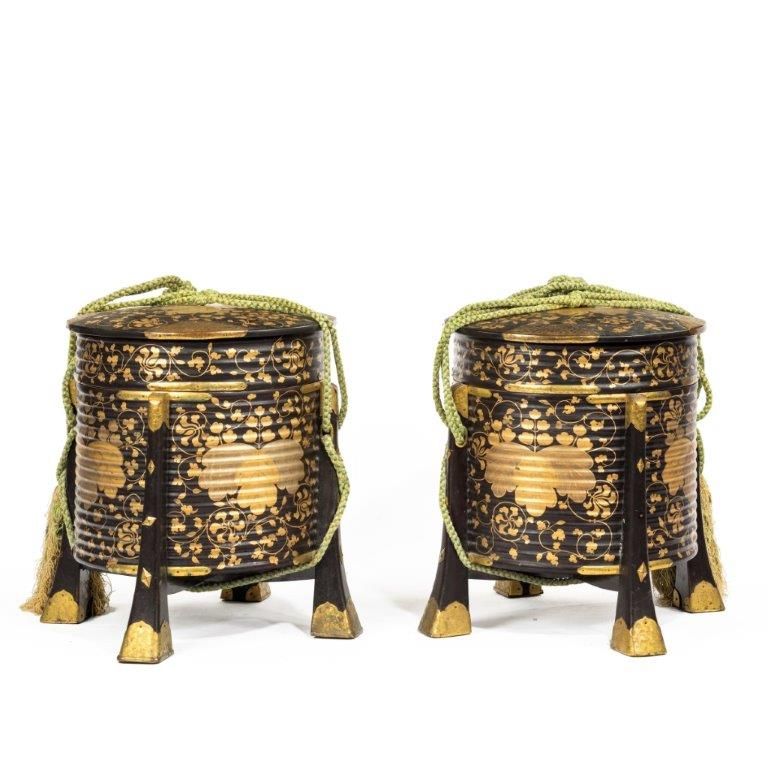 A Pair of Edo Period Black and Gold Lacquer Samurai Helmet Boxes | Barnebys