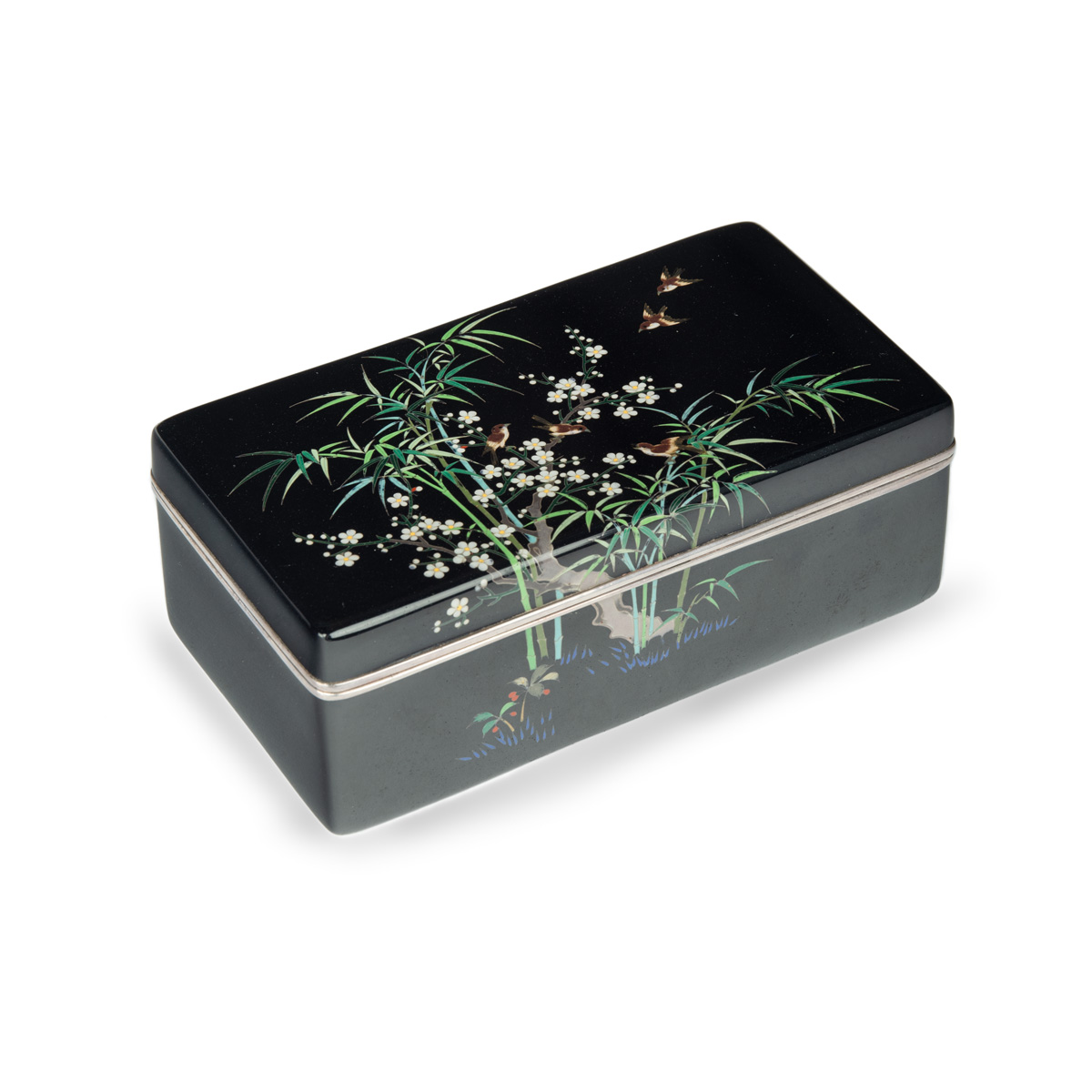 A Meiji period cloisonné box and cover with sparrows, prunus and bamboo ...