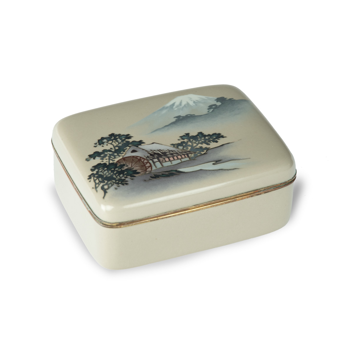 A Taisho period cloisonné box and cover with a watermill and Mount Fuji ...