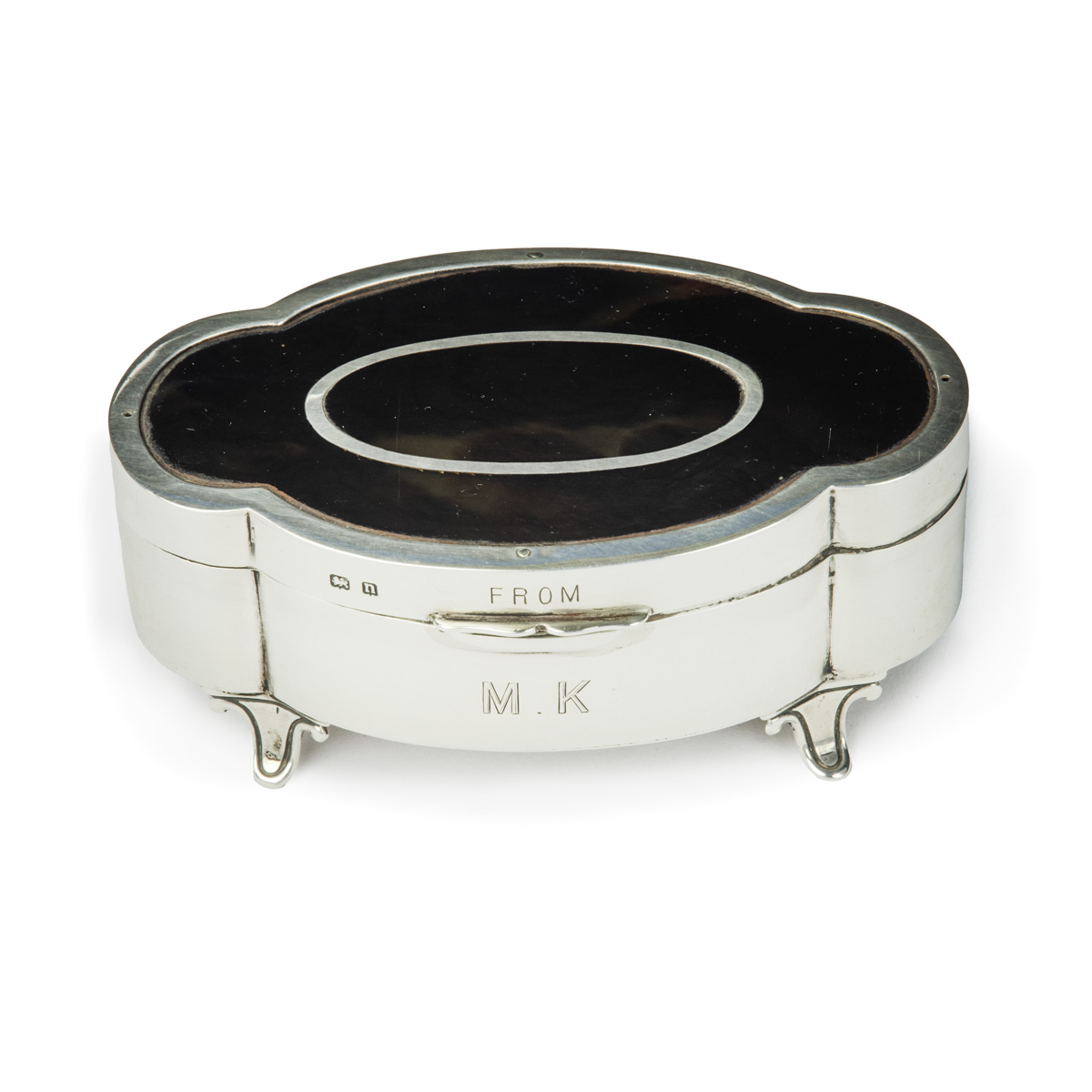 A small lobed oval tortoiseshell piqué patch pot by Mappin and Webb ...