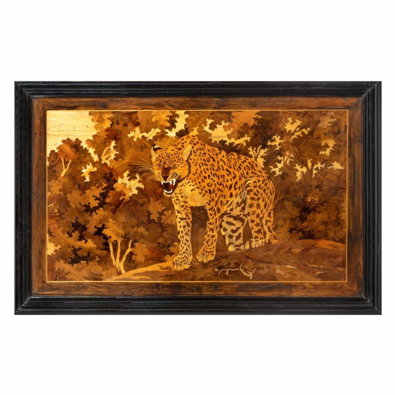 An Art Deco marquetry panel of a jaguar | Barnebys
