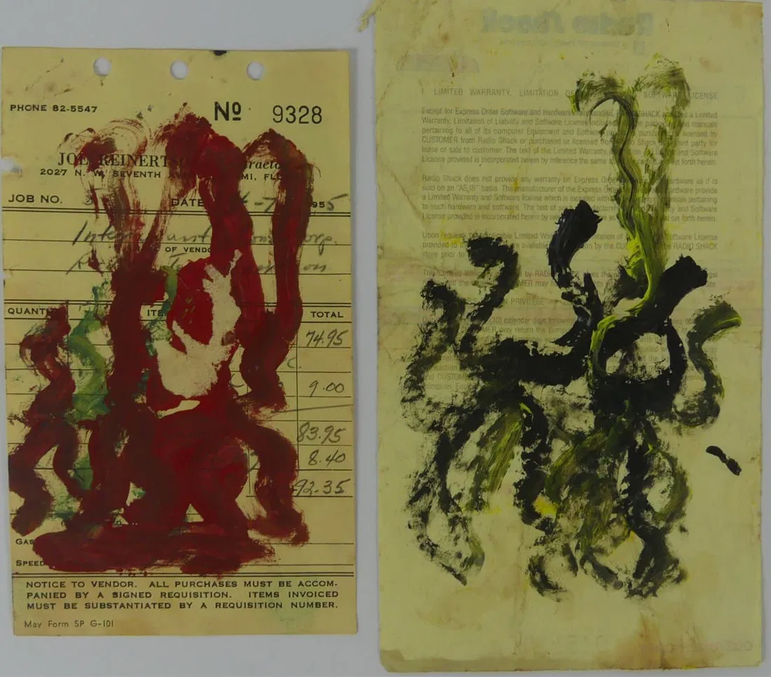 2pc PURVIS YOUNG PAINTINGS ON RECEIPT PAPER | Barnebys