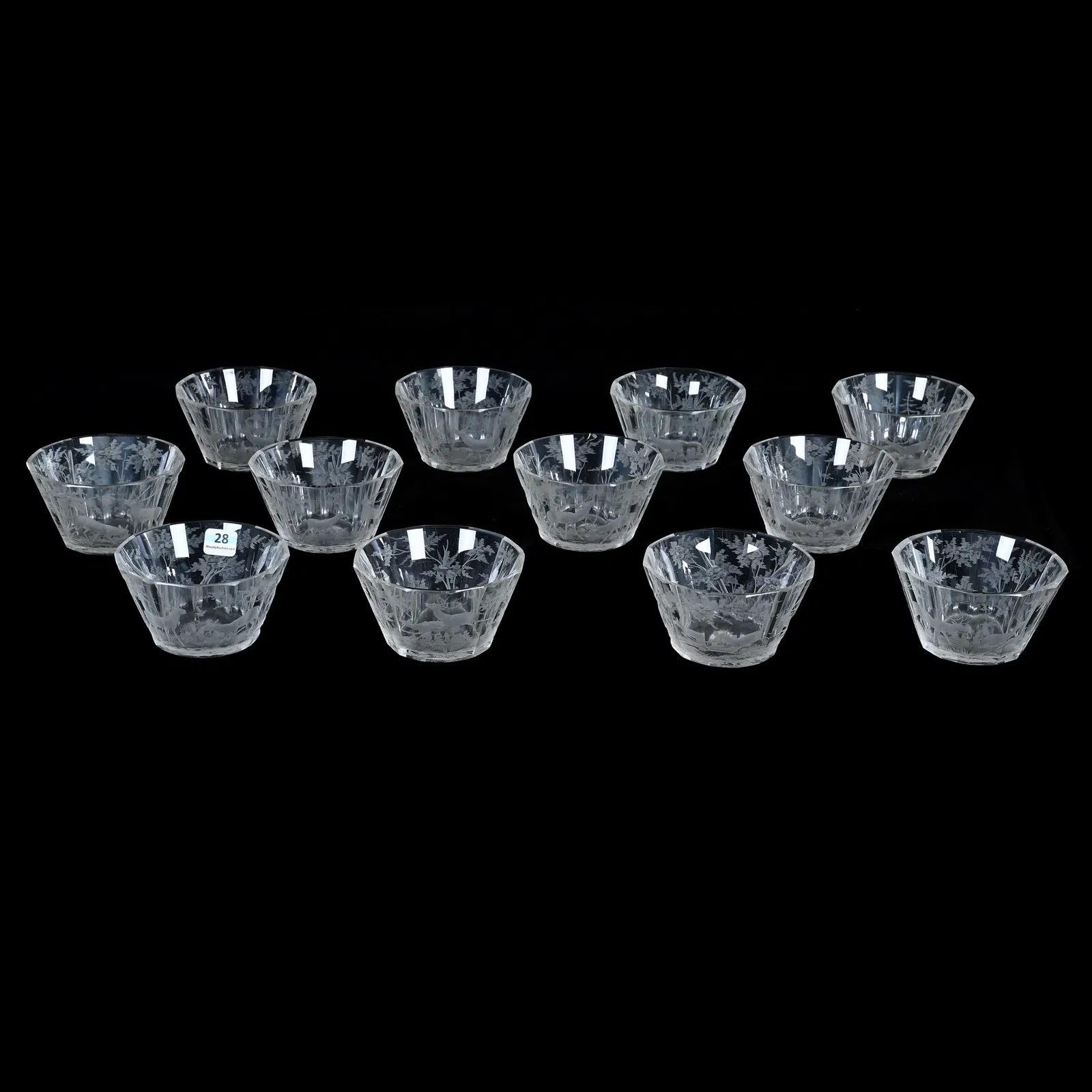 (12) Finger Bowls, Bohemian Art Glass, Panel Cut With Engraved Stag ...