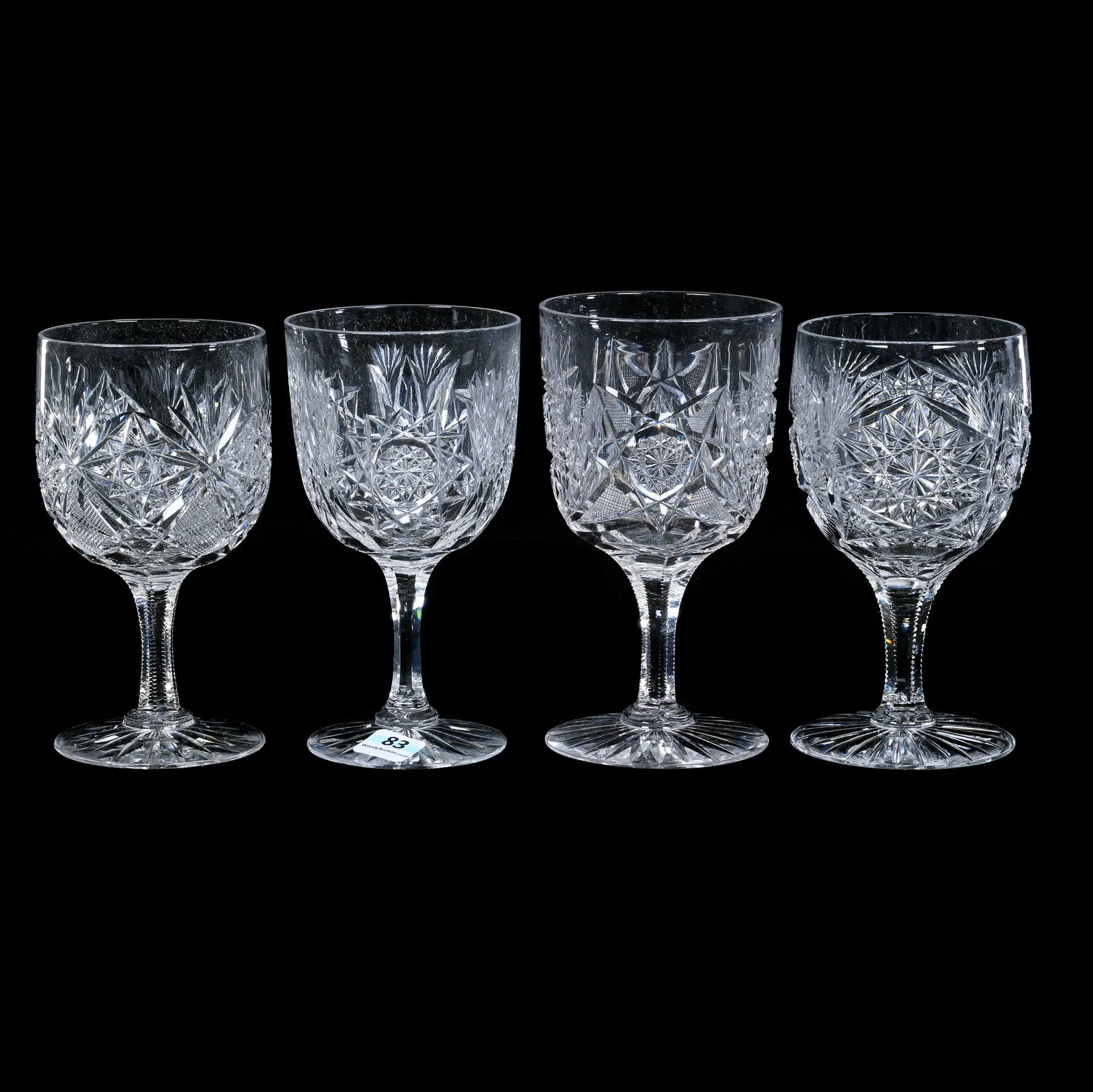(4) Water Goblets, American Brilliant Cut Glass, Four Distinct Patterns ...