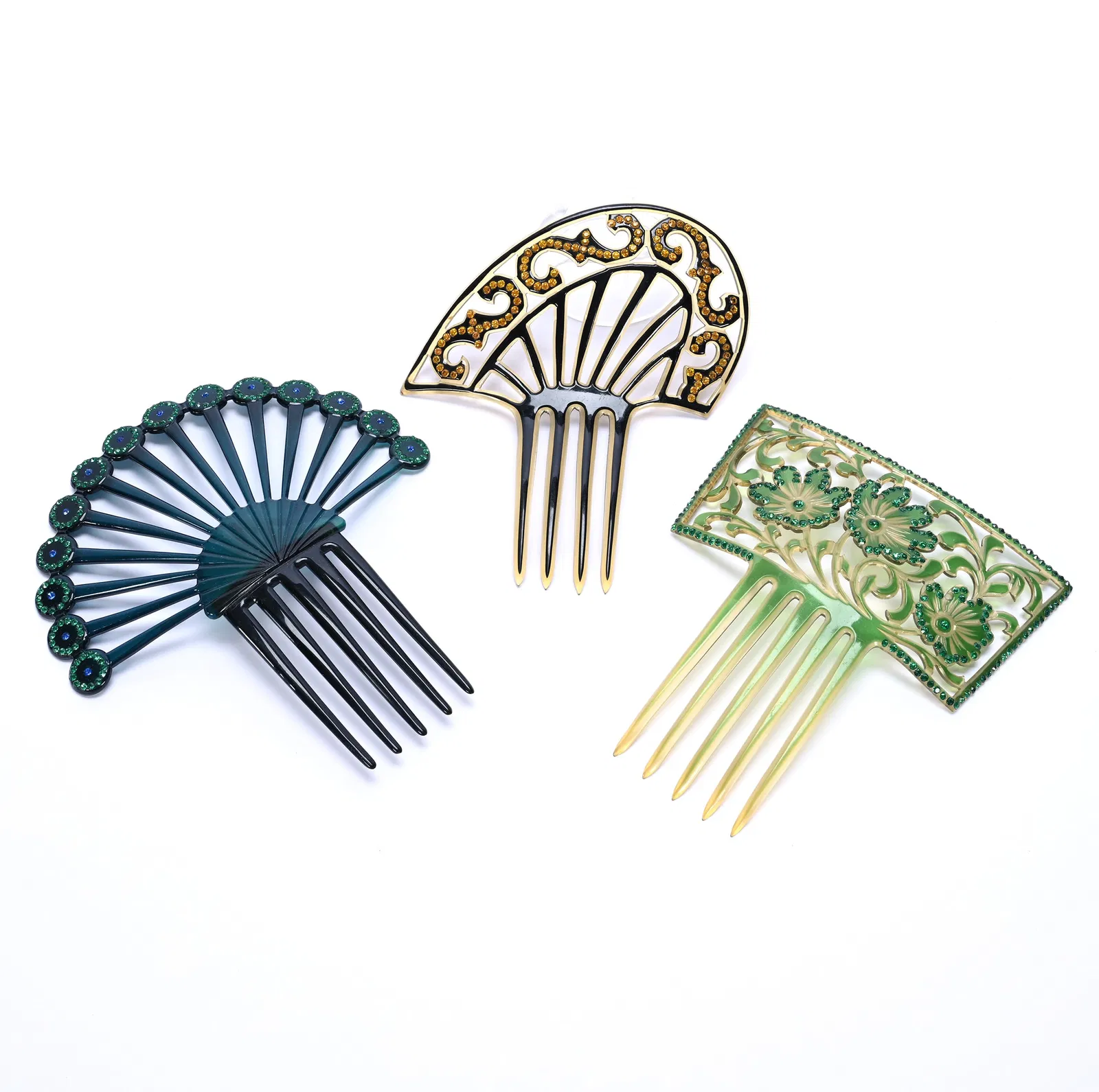 (3) Ornate Vintage Celluloid & Rhinestone Hair Combs, Art Deco Style ...