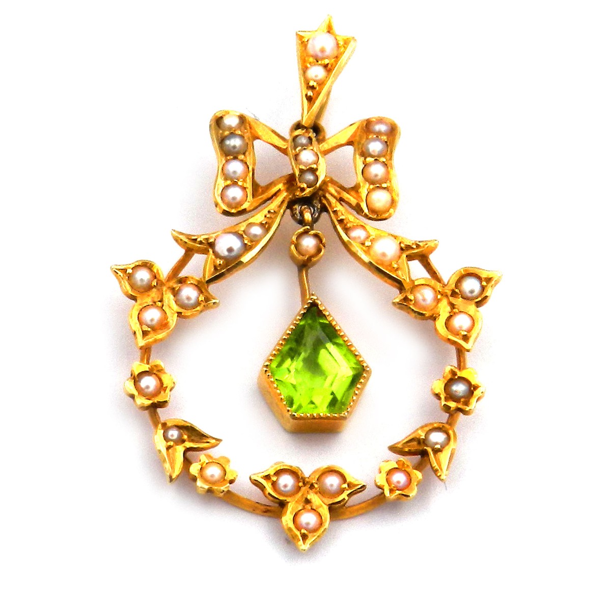 Jugendstil Peridot Anhänger mit Orientperlen in 15K Gold England um ...