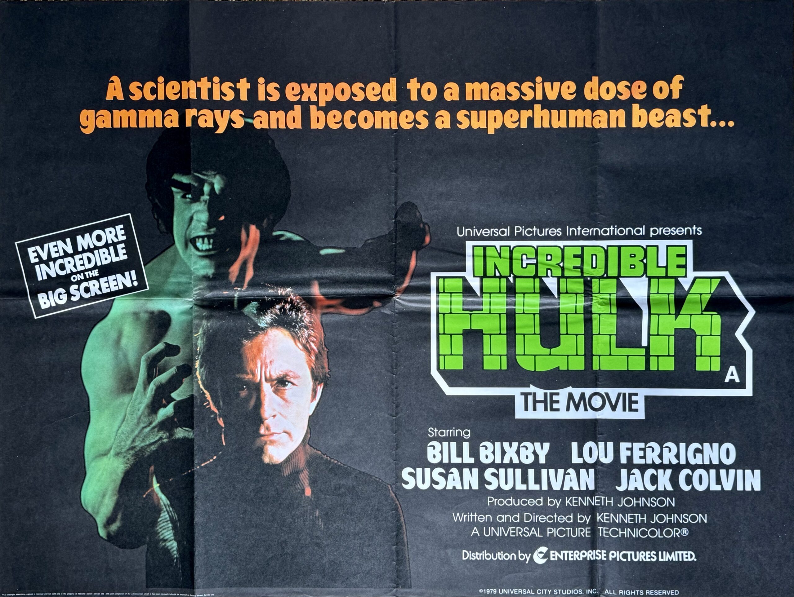 Original Incredible Hulk Movie Poster - Bill Bixby - Lou Ferrigno ...