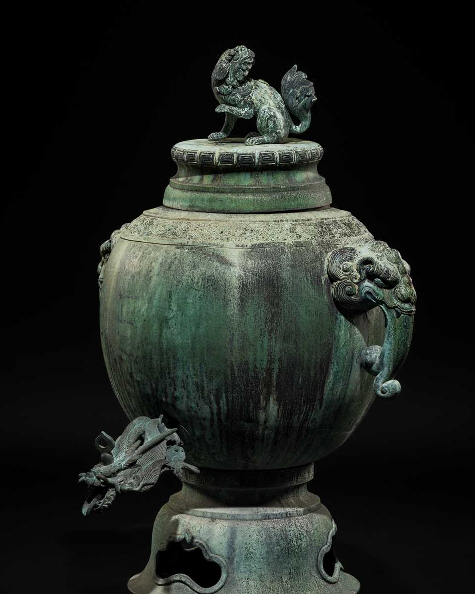 A LARGE AND MASSIVE BRONZE TEMPLE WATER FOUNTAIN WITH DRAGON SPOUT ...