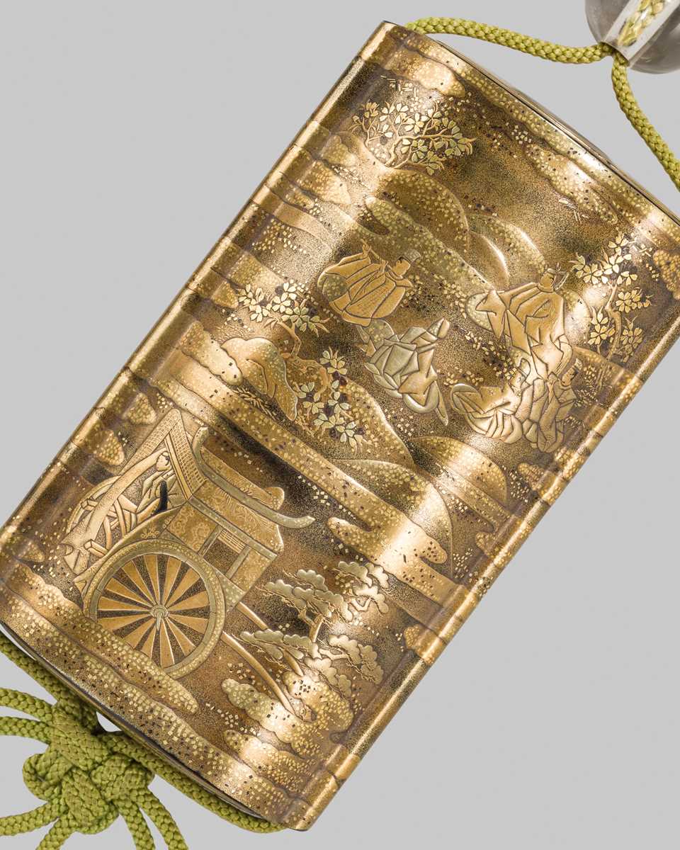 A FIVE-CASE GOLD LACQUER SAYA (SHEATH) INRO WITH SCENES FROM THE TALE ...