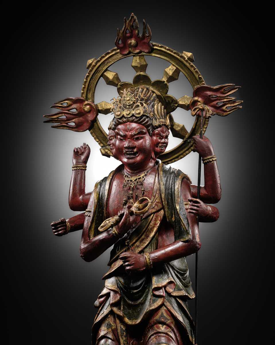 A GILT AND POLYCHROME CARVED WOOD FIGURE OF SAMBO KOJIN, MUROMACHI ...