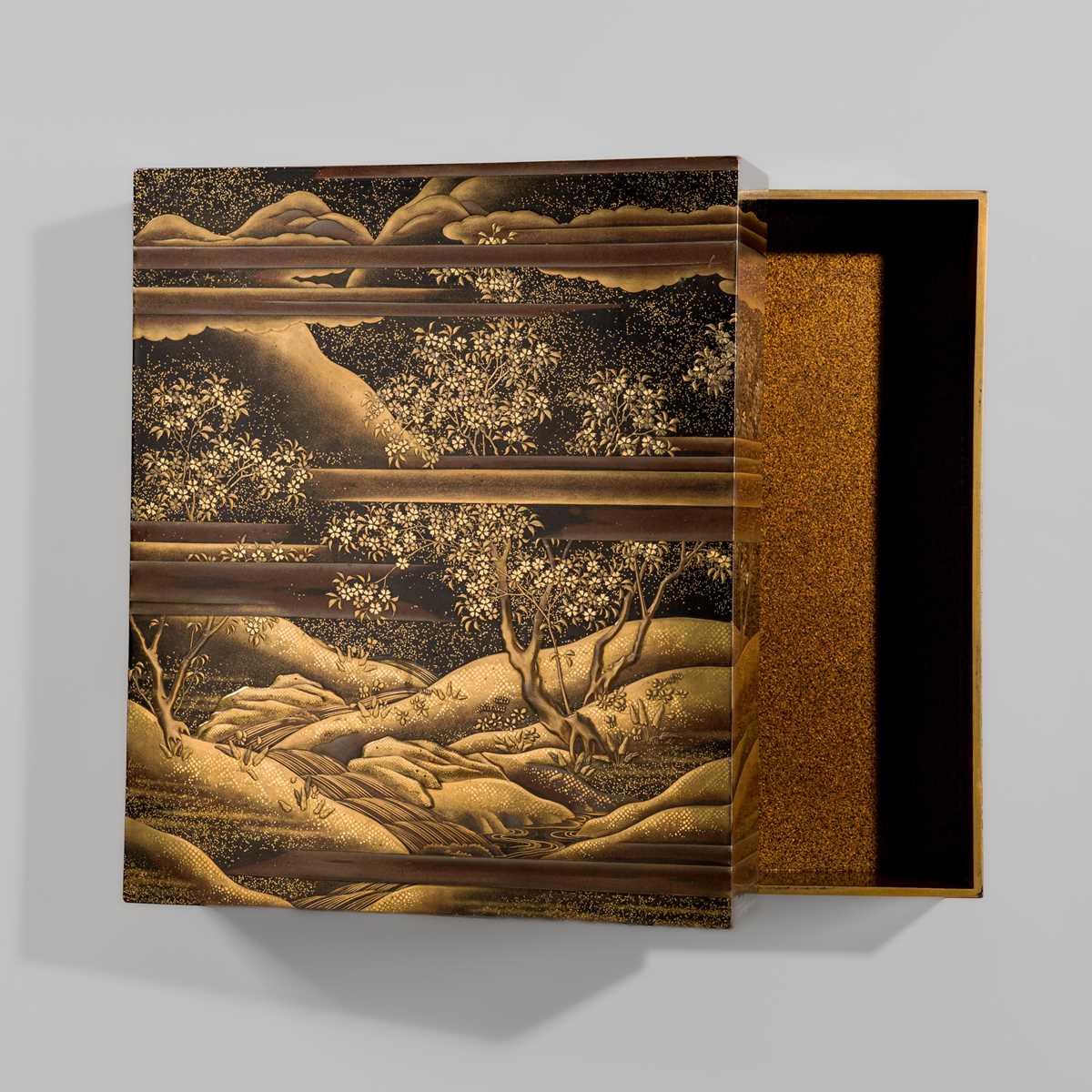 A FINE LACQUER SHIKISHIBAKO (POEM SLIP BOX) DEPICTING CHERRY TREES ...