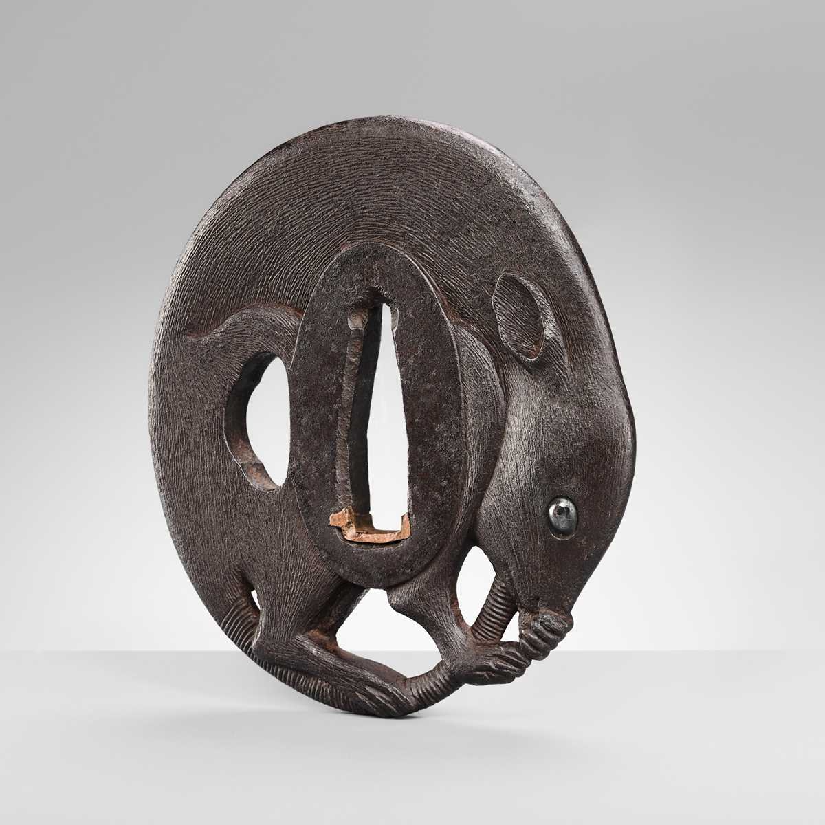 A FOME AND RARE KO-KINKO IRON TSUBA OF A COILED RAT | Barnebys