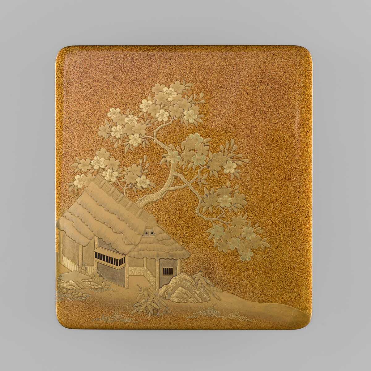 A FINE LACQUER SUZURIBAKO (WRITING BOX) DEPICTING A THATCHED HOUSE ...