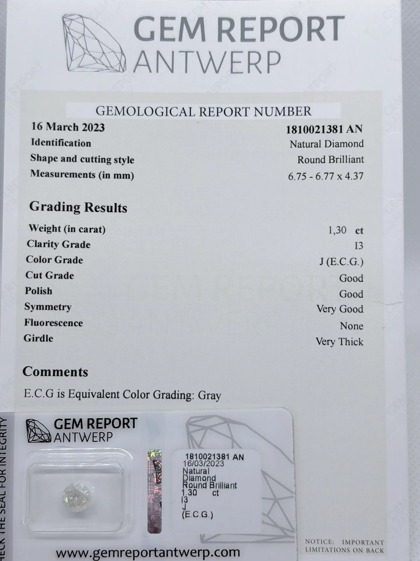 DIAMOND 1.30 carat, certificate of guarantee, certificate is an ...
