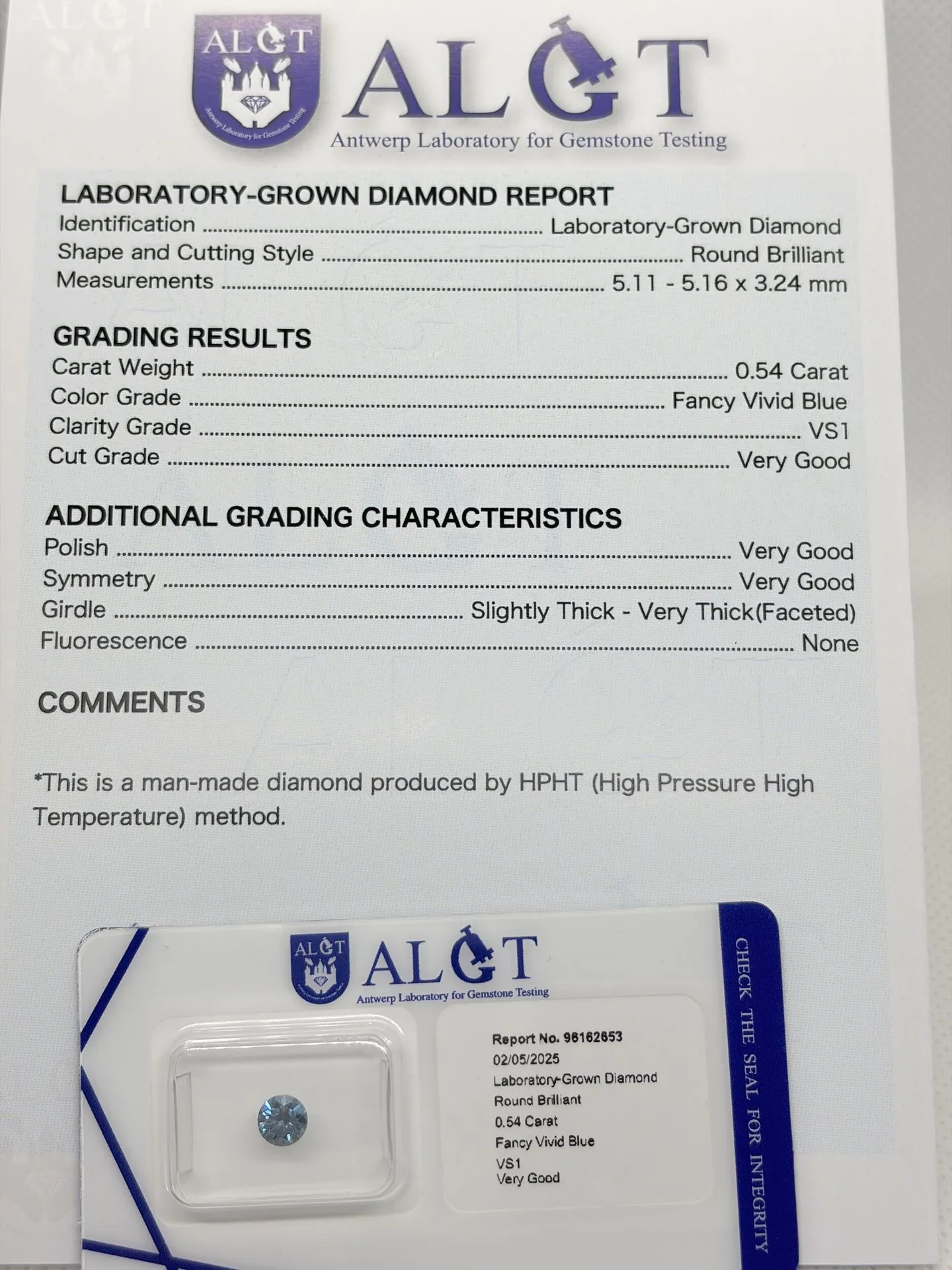0.54 carat Lab Grown BLUE DIAMOND, certificate of guarantee, the ...