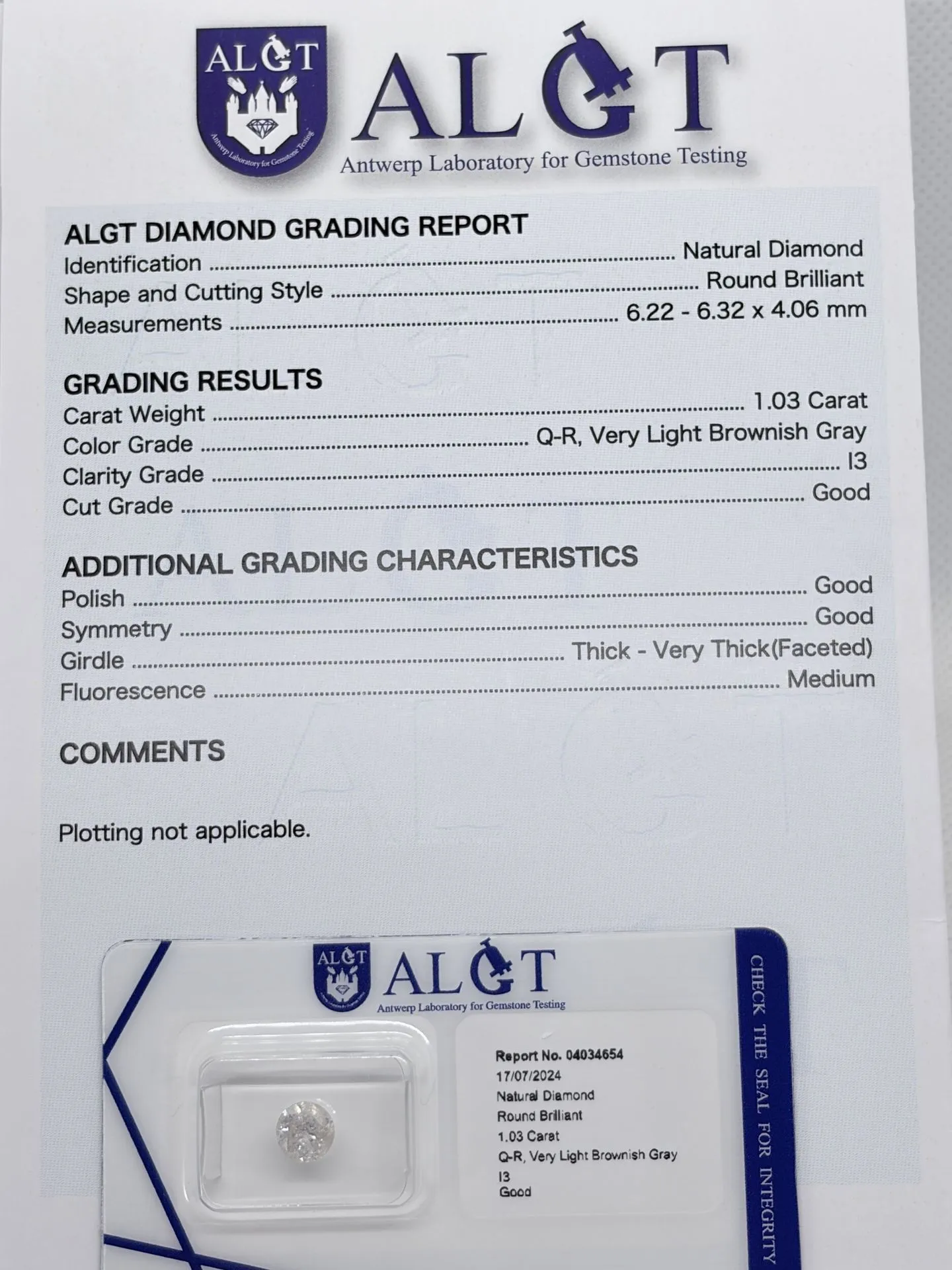 DIAMOND of 1.03 carat, certificate of guarantee, the certificate is ...