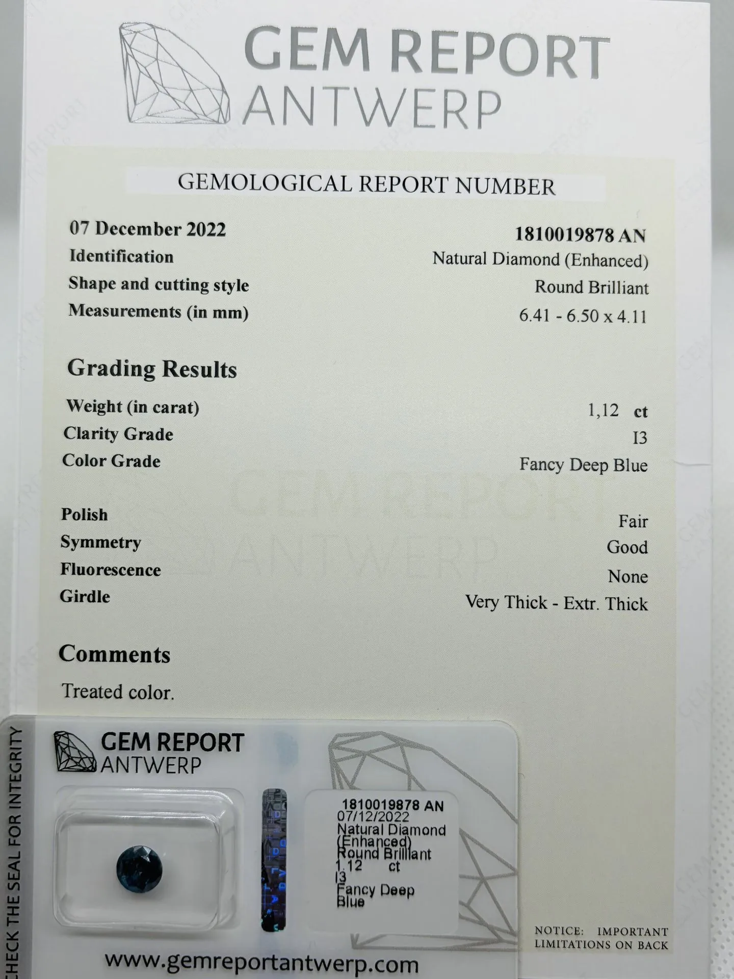 1.12-carat BLUE DIAMOND, certificate of guarantee, certificate is ...