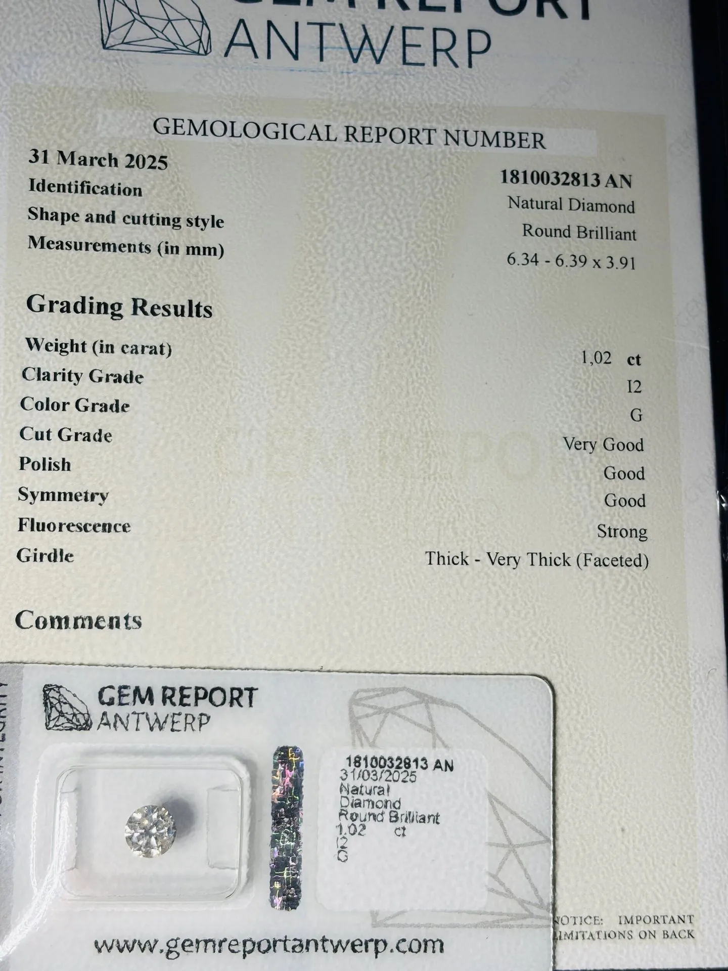 DIAMOND 1.02 carat, certificate of guarantee, the certificate is an ...
